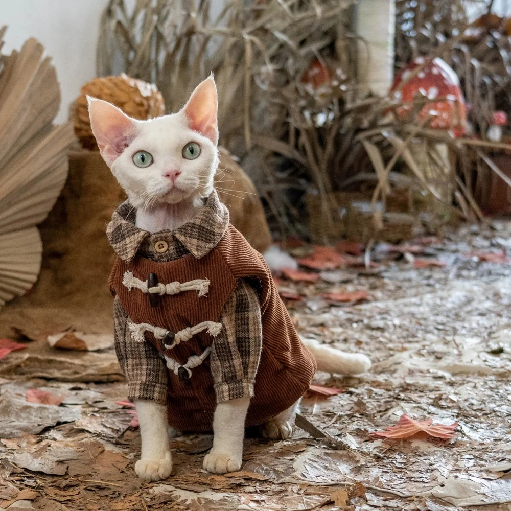 Corduroy Vintage Wooden Buckle Vest Jackets for Cats · YESWARMG
